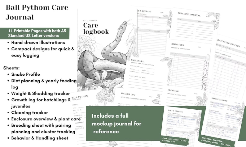 Ball Python Care Diary, Reptile Logbook Calendar A5 & US Letter Paper ...