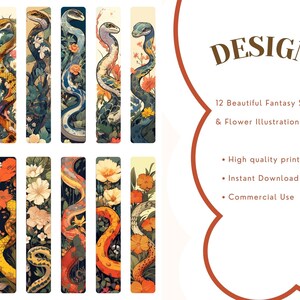 Fantasy Snakes Flowers Printable Bookmarks, Digital Download, Bookmark ...