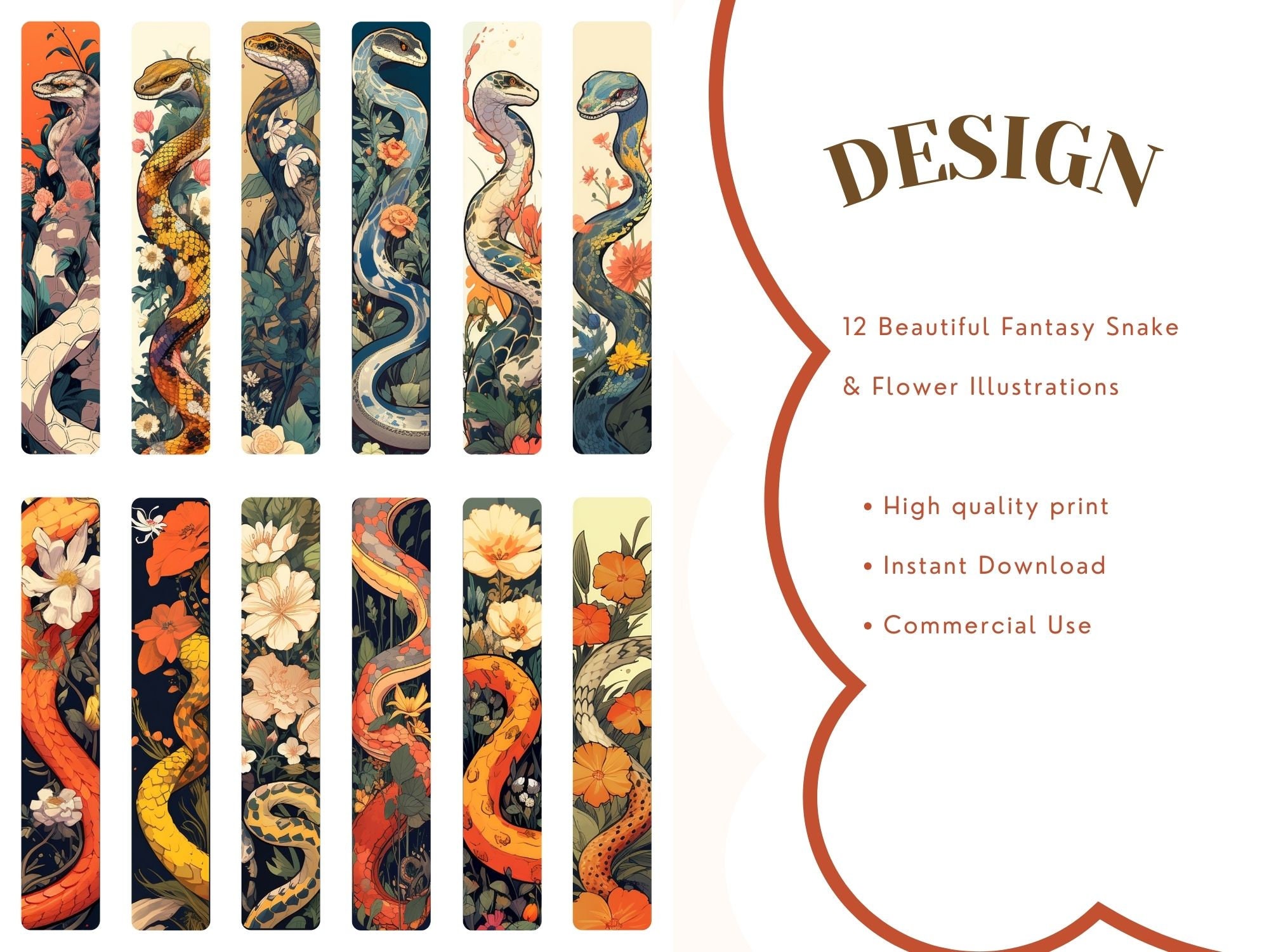 Fantasy Snakes Flowers Printable Bookmarks, Digital Download, Bookmark ...