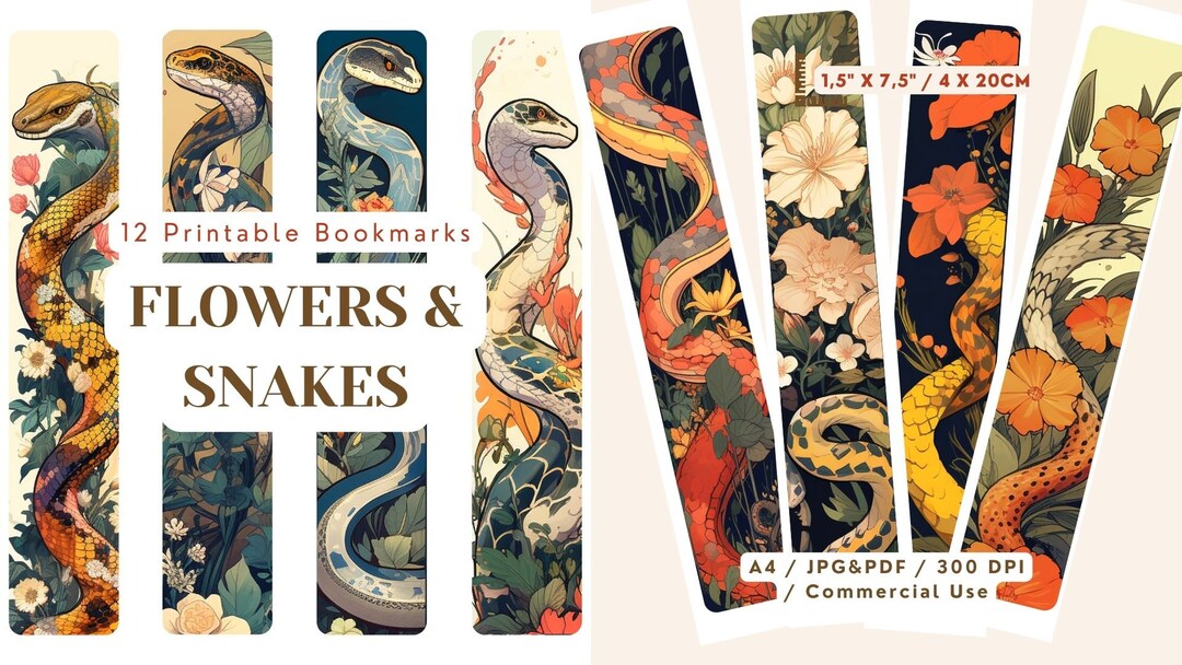 Fantasy Snakes Flowers Printable Bookmarks, Digital Download, Bookmark ...