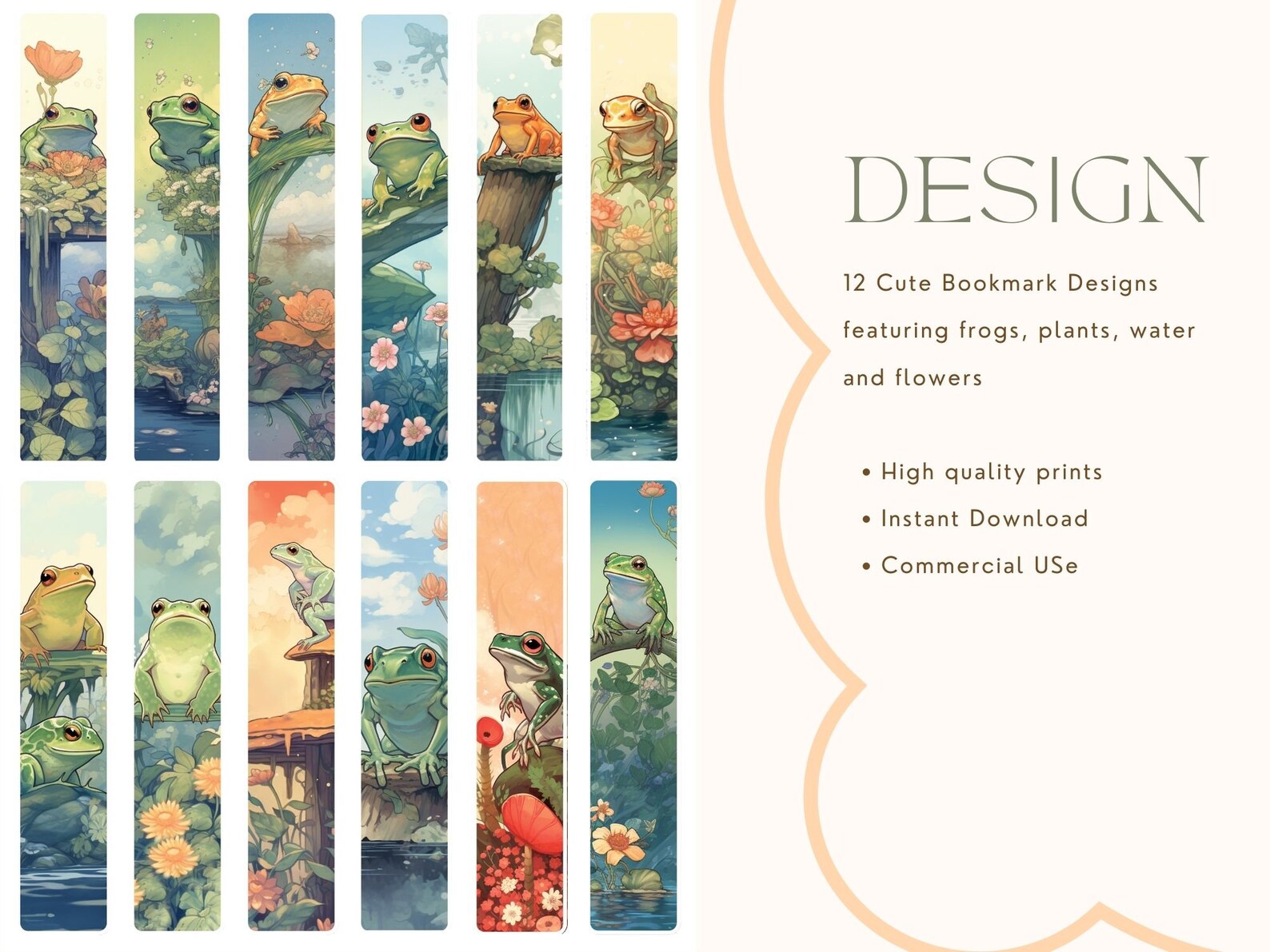 Cute Frog Flowers Printable Bookmarks 12pcs, Digital Download, Bookmark ...