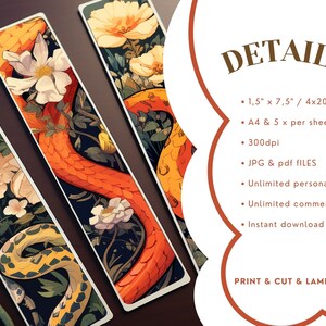 Fantasy Snakes Flowers Printable Bookmarks, Digital Download, Bookmark ...