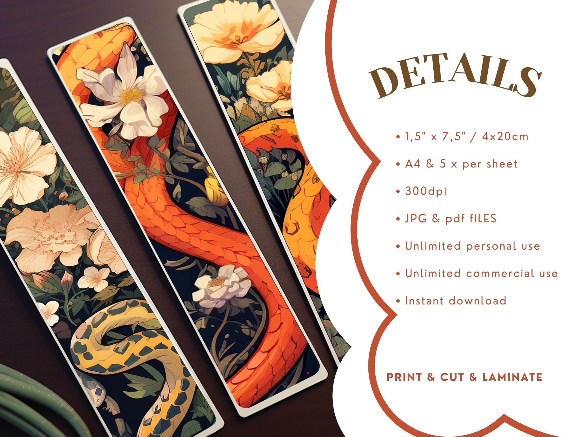 Fantasy Snakes Flowers Printable Bookmarks, Digital Download, Bookmark ...
