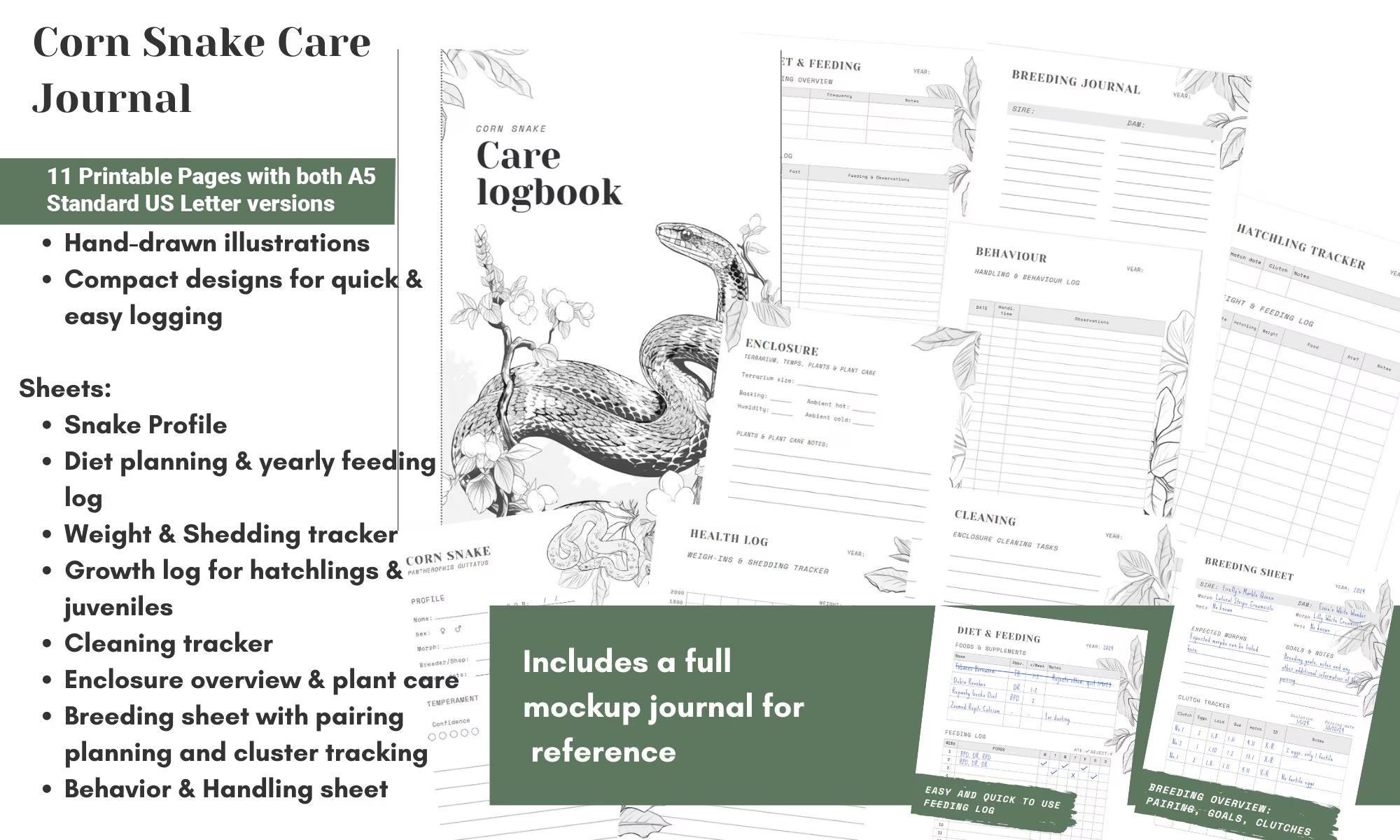 Corn Snake Care Diary, Reptile Logbook Calendar A5 & US Letter Paper ...