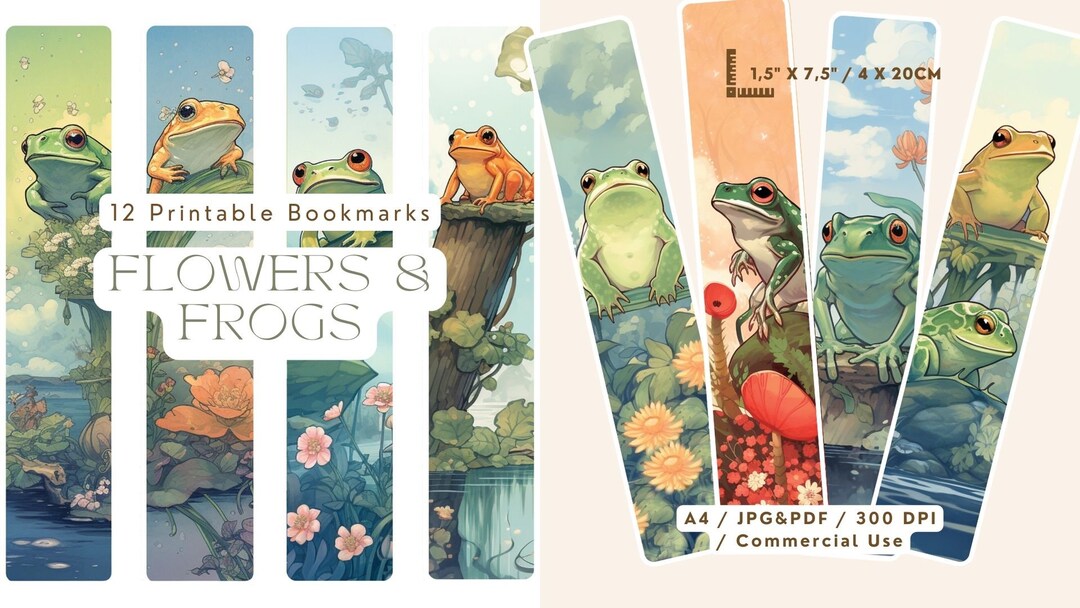 Cute Frog Flowers Printable Bookmarks 12pcs, Digital Download, Bookmark ...