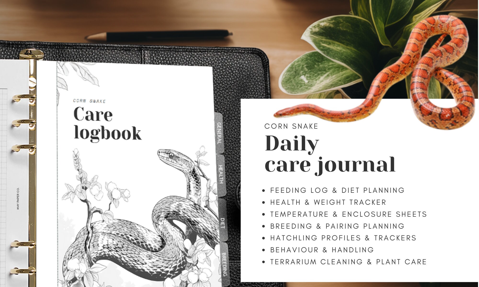 Corn Snake Care Diary, Reptile Logbook Calendar A5 & US Letter Paper ...