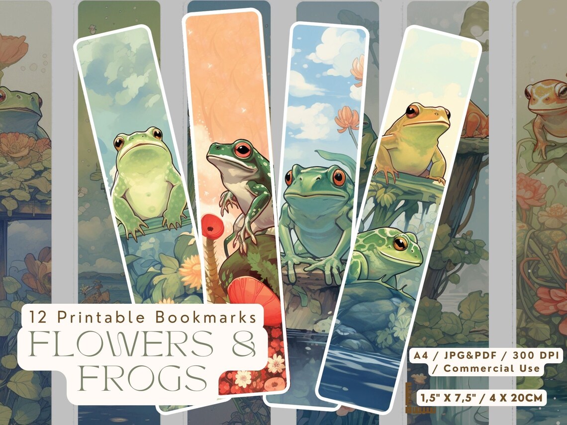 Cute Frog Flowers Printable Bookmarks 12pcs, Digital Download, Bookmark ...