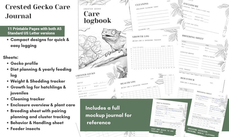 Crested Gecko Care Diary, Reptile Logbook Calendar A5 & US Letter Paper ...