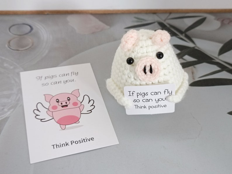 Handmade Crochet Pig, Kawaii Emotional Support Pig, Think Positive Pig ...