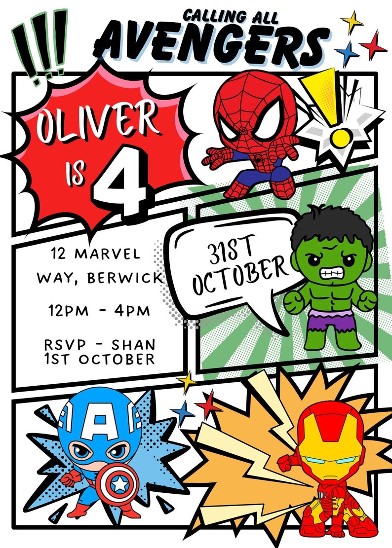 Marvel Comic Birthday Invitation, Superhero Party Invite, Marvel ...