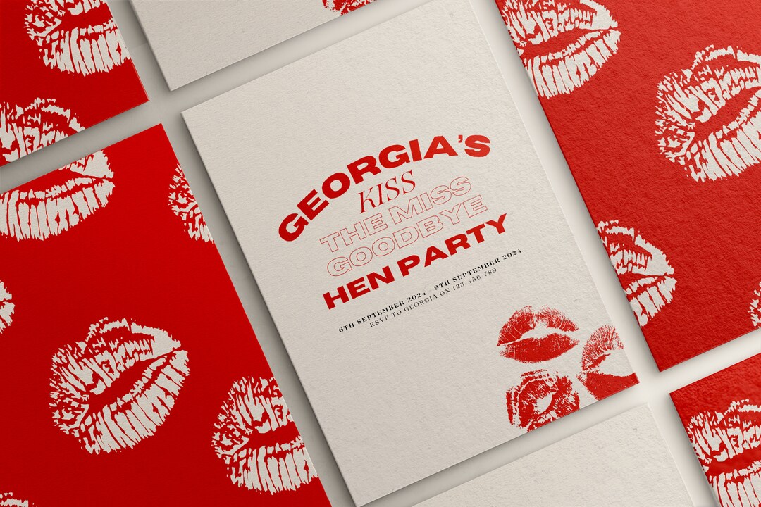 Hen Do Invite - 'kiss the Miss Goodbye' Red Kiss Themed - Fun ...