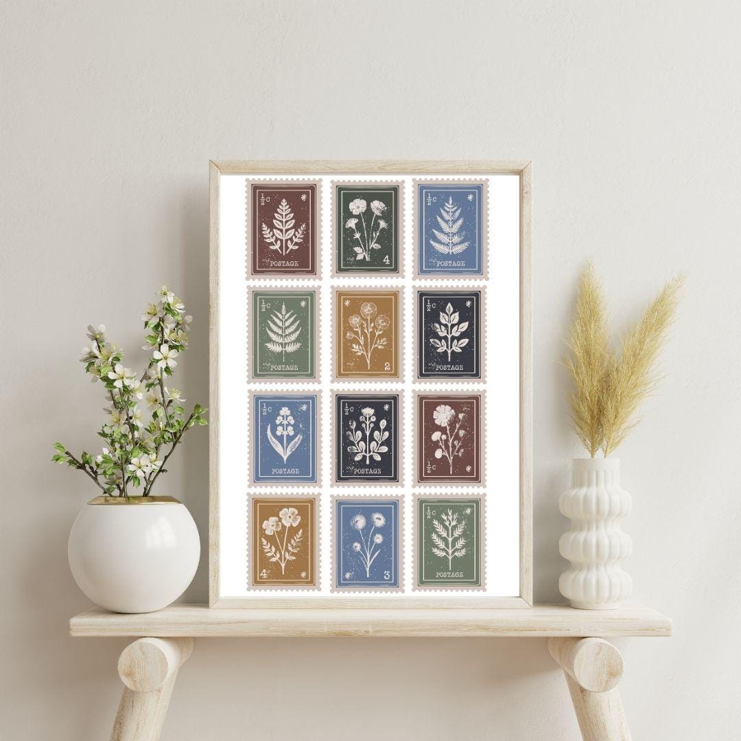 Botanical Stamps Wall Art Print, Vintage-inspired Nature Decor. Instant ...