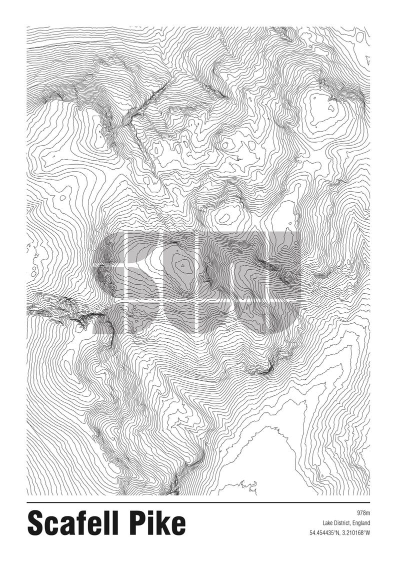 Scafell Pike Contour Map Print, Black and White - Etsy