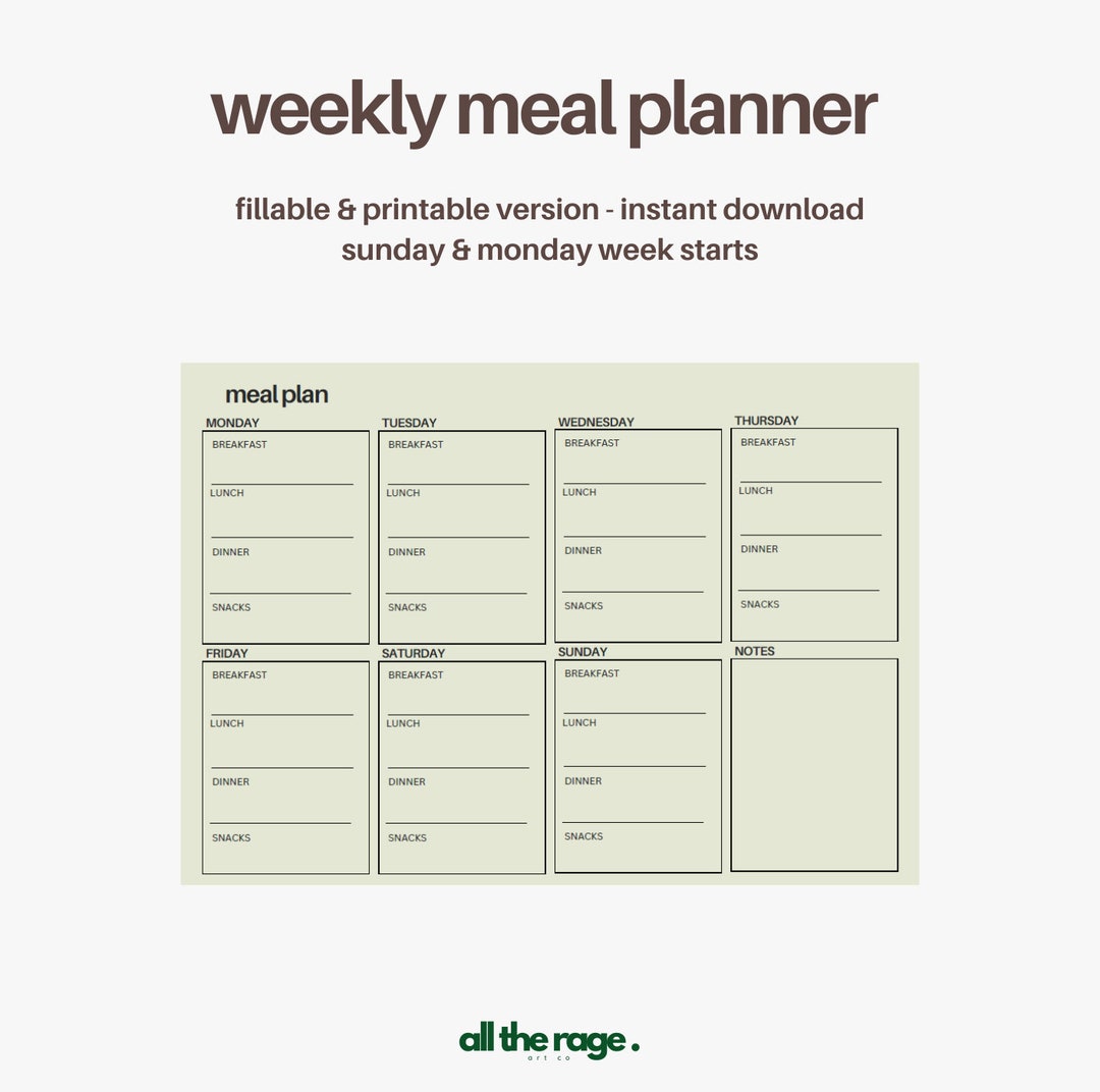 Printable Weekly Meal Planner Landscape, Food Diary, Meal Tracker, Food ...