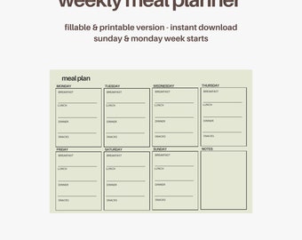 Printable Weekly Meal Planner Landscape, Food Diary, Meal Tracker, Food ...