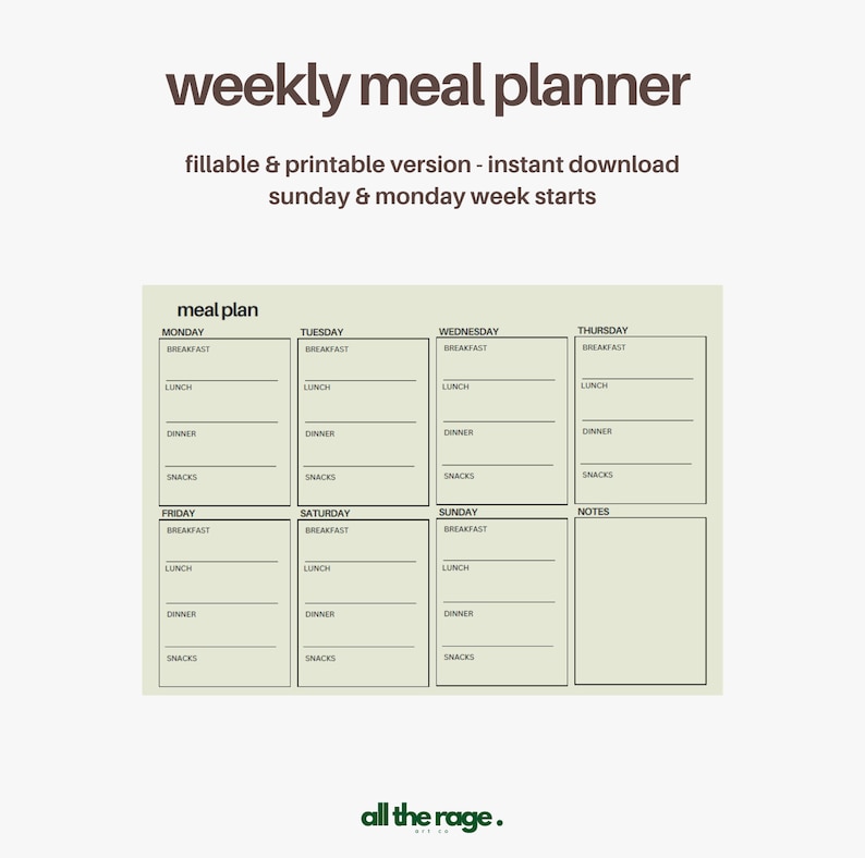 Printable Weekly Meal Planner Landscape, Food Diary, Meal Tracker, Food ...