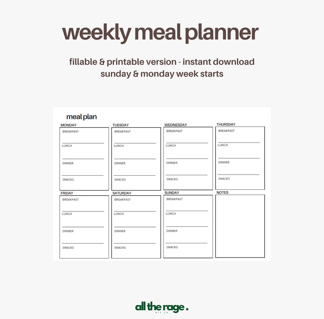 Printable Weekly Meal Planner Landscape, Food Diary, Meal Tracker, Food ...