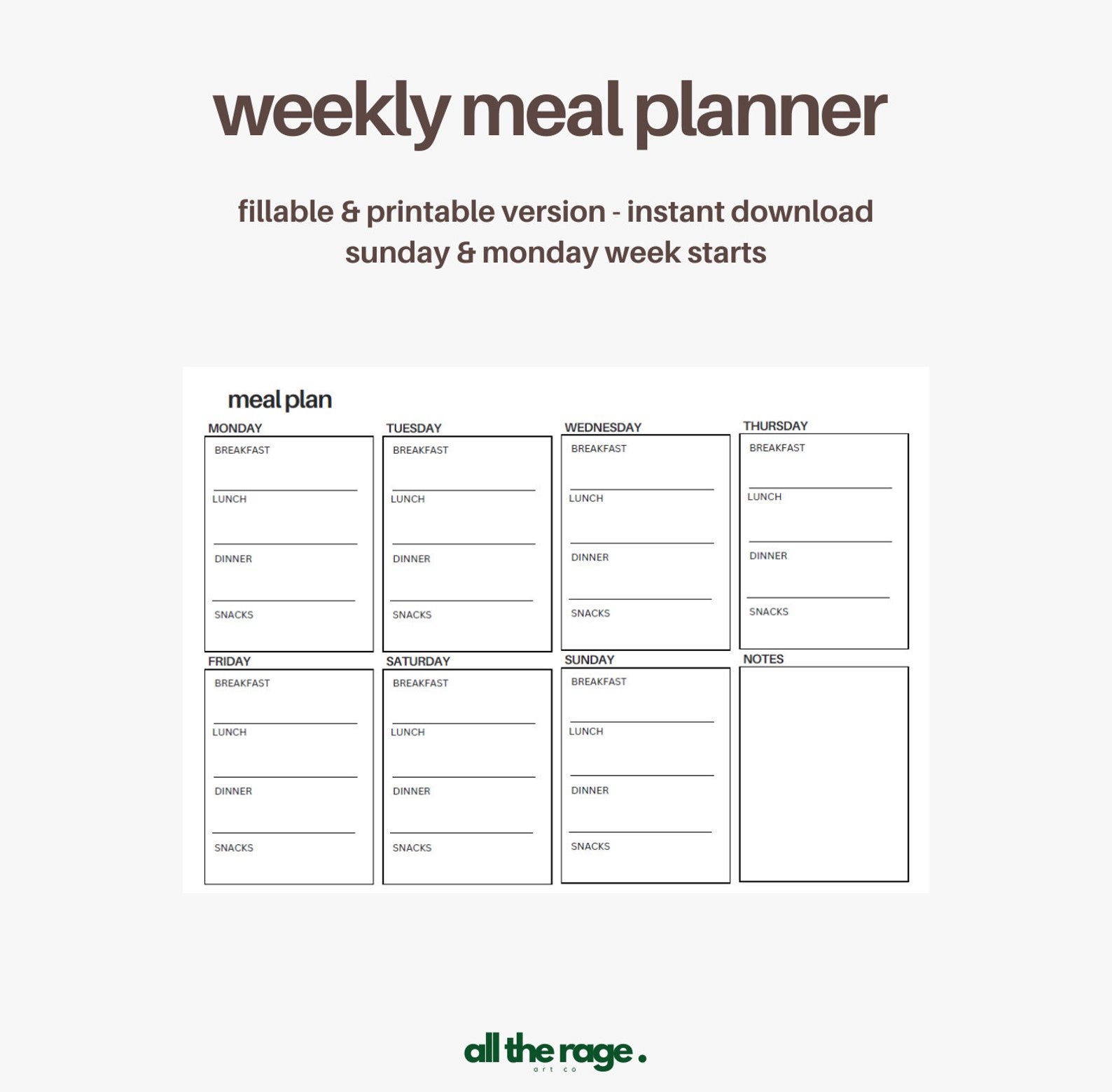 Printable Weekly Meal Planner Landscape, Food Diary, Meal Tracker, Food ...