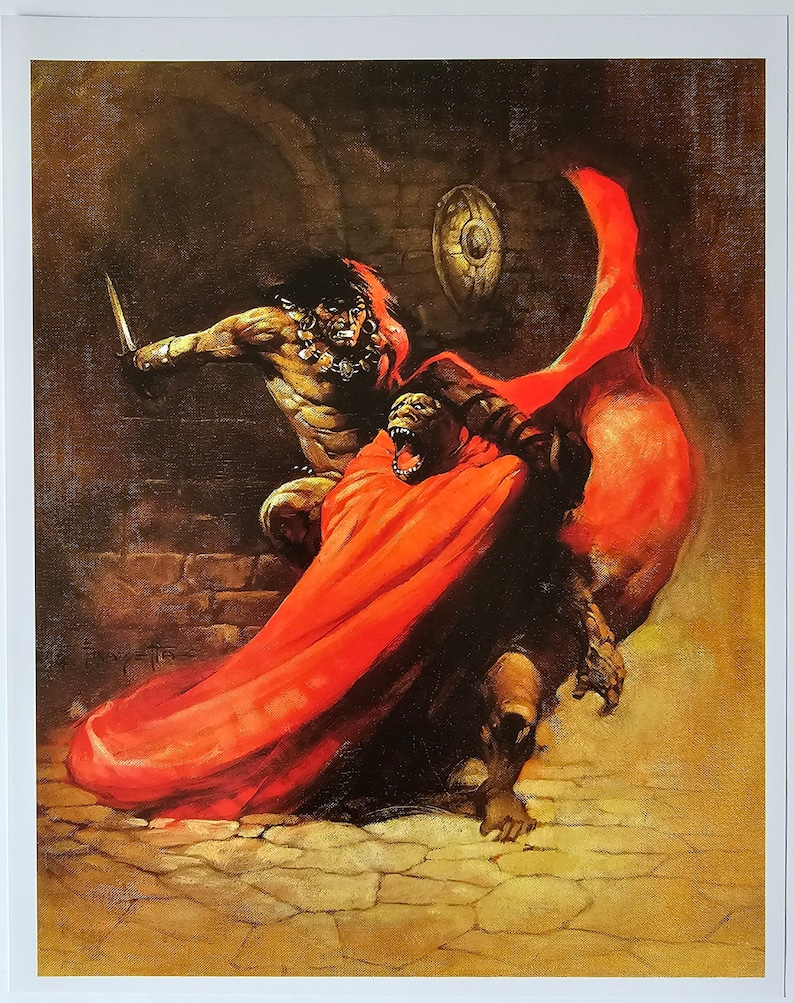 Frank Frazetta, Warrior Fighting Monster, Fantasy Art, 1999 Vintage ...