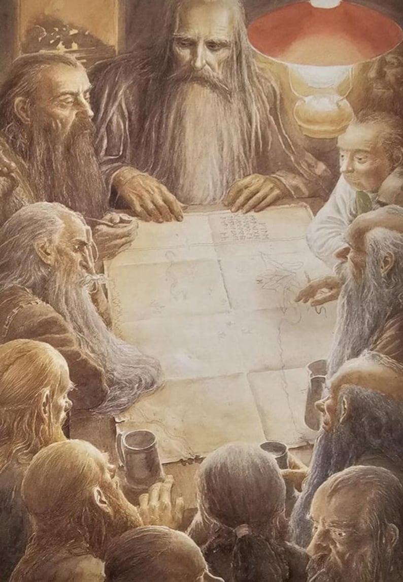 Tolkien, Lord of the Rings, Gandalf and Dwarfs Sat at Table, the Hobbit ...
