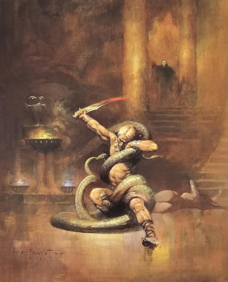 Frank Frazetta, Warrior Fighting Snake, Fantasy Art, 1999 Vintage Book ...
