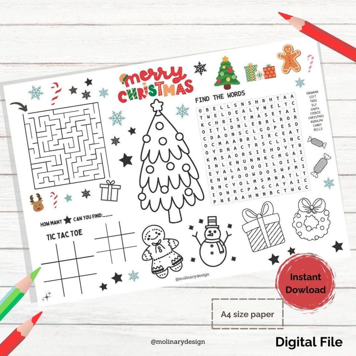 Christmas Coloring Activity Sheet, Christmas Activity Placemat ...