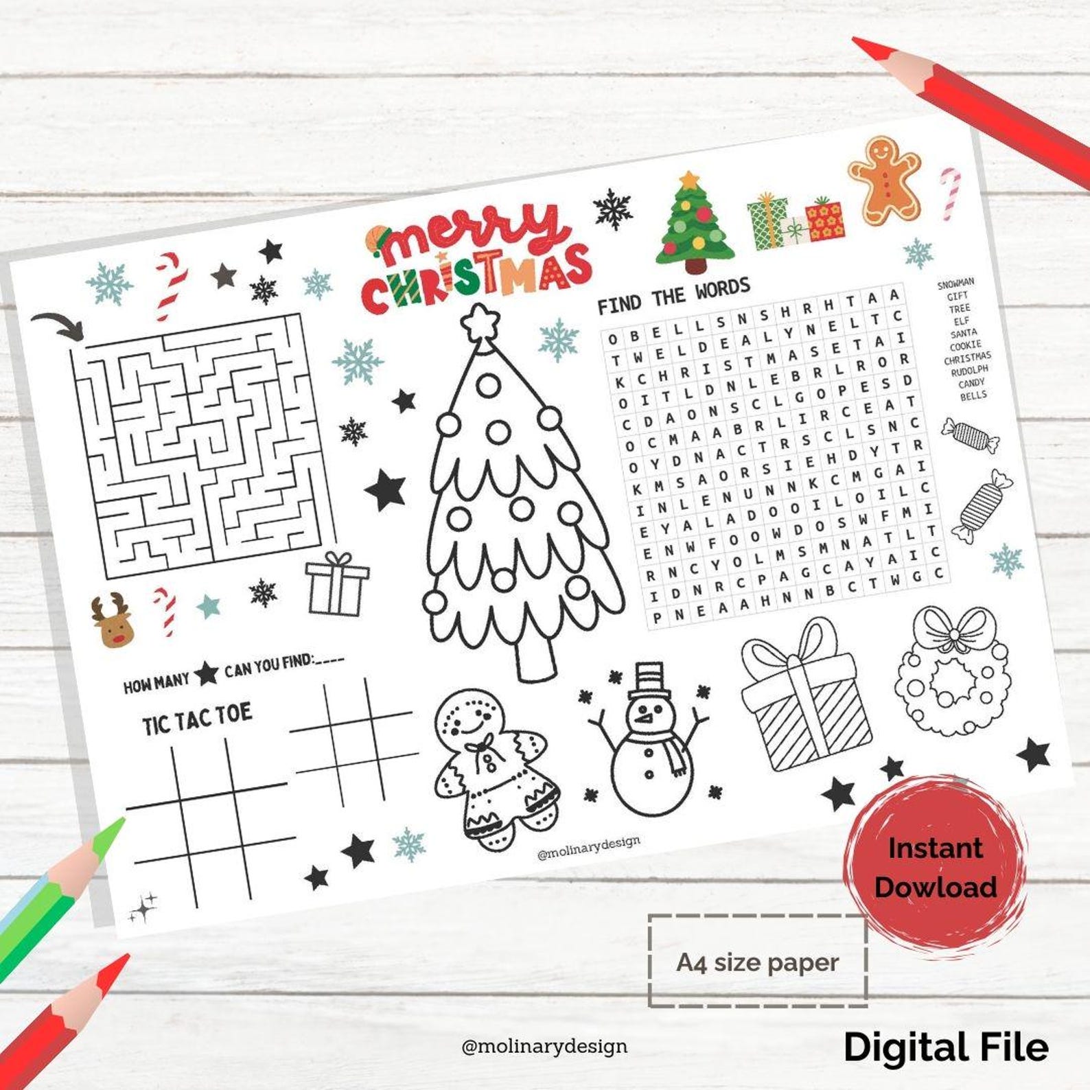 Christmas Coloring Activity Sheet, Christmas Activity Placemat ...