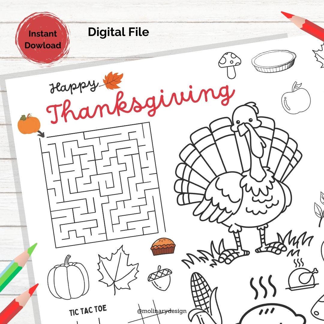 Thanksgiving Activity Placemat for Kids Thanksgiving Coloring Activity ...
