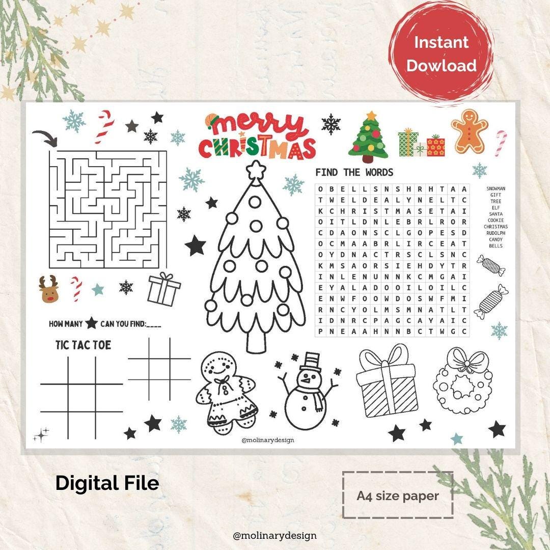 Christmas Coloring Activity Sheet, Christmas Activity Placemat ...