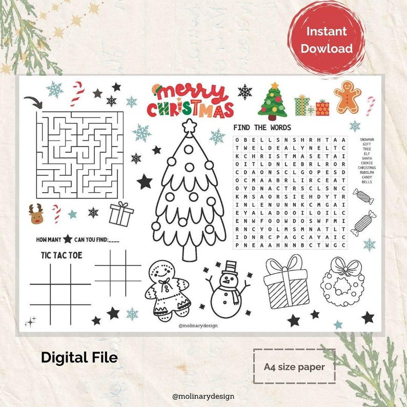 Christmas Coloring Activity Sheet, Christmas Activity Placemat ...