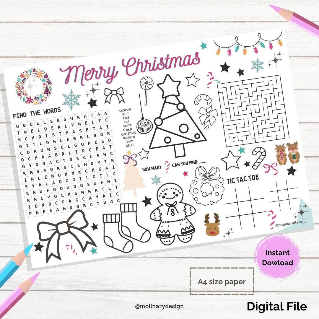 Christmas Activity Placemat, Christmas Coloring Activity Sheet ...