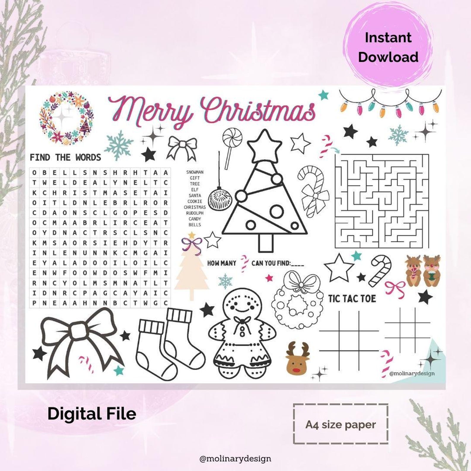 Christmas Activity Placemat, Christmas Coloring Activity Sheet ...