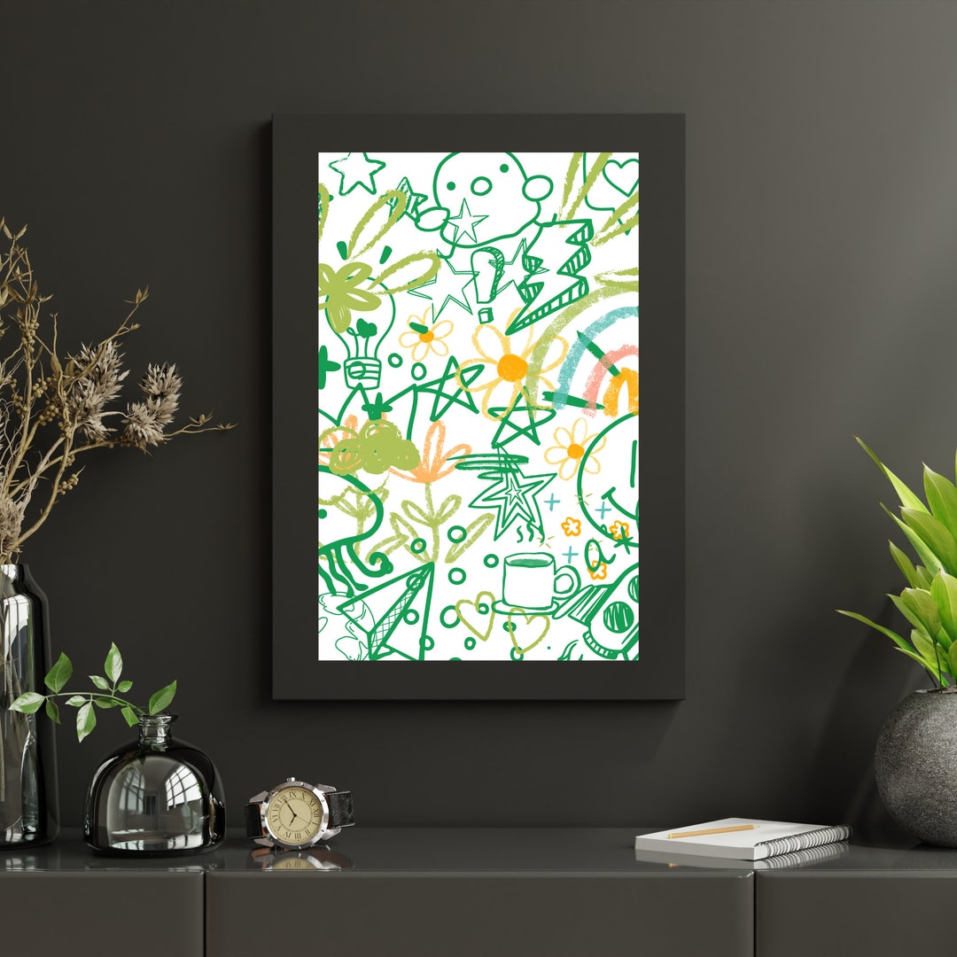 Crazy "doodle-oo" Abstract Art Print | Green | Cool, Fun, Maximalist ...