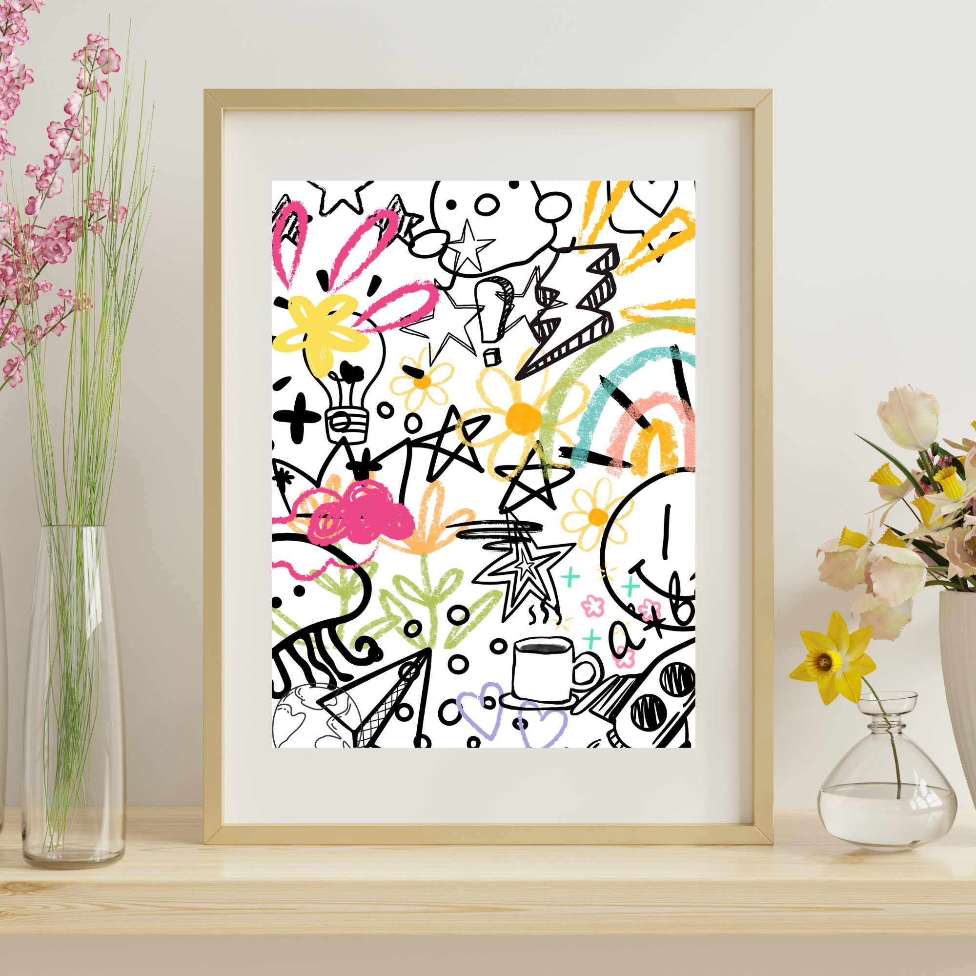 Crazy "doodle-oo" Abstract Art Print | Black | Cool, Fun, Maximalist ...