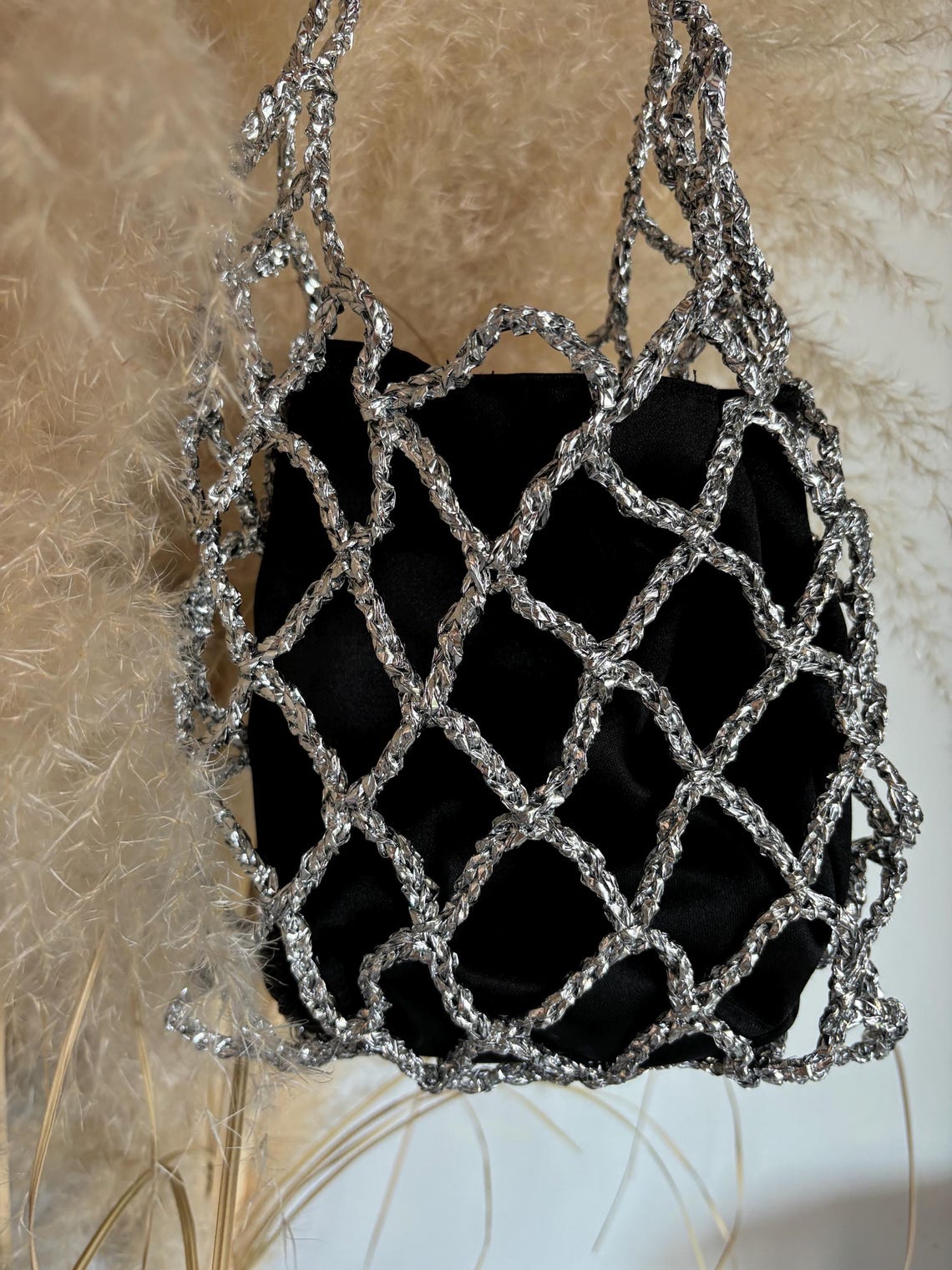 Silver Bucket Bag,mini Metallic Bag,luxury Evening Handmade Crochet ...