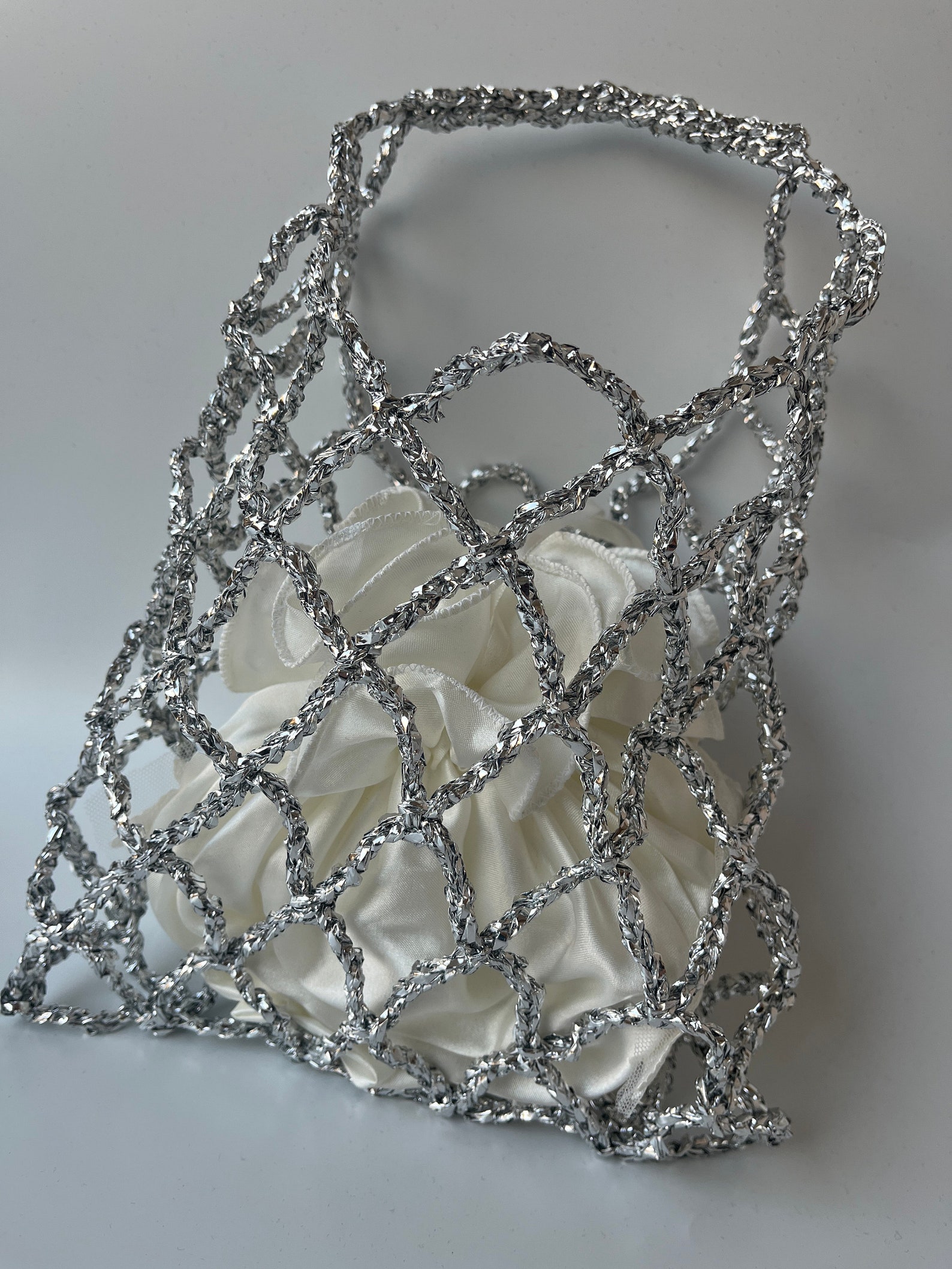 Silver Bucket Bag,mini Metallic Bag,luxury Evening Handmade Crochet ...