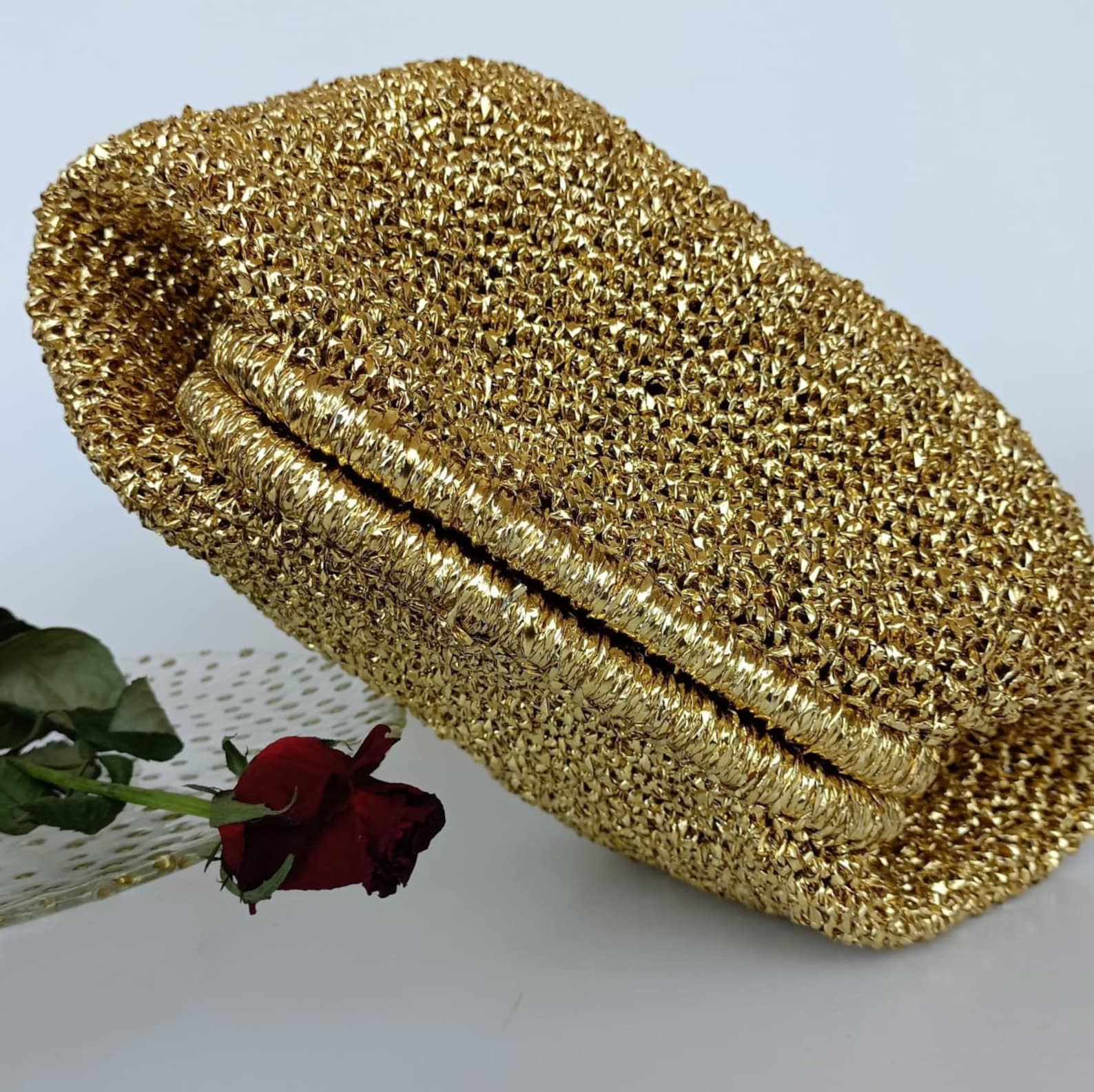Metallic Gold Clutch Bag,unique Women Handmade Bag,gold Shiny Crochet ...