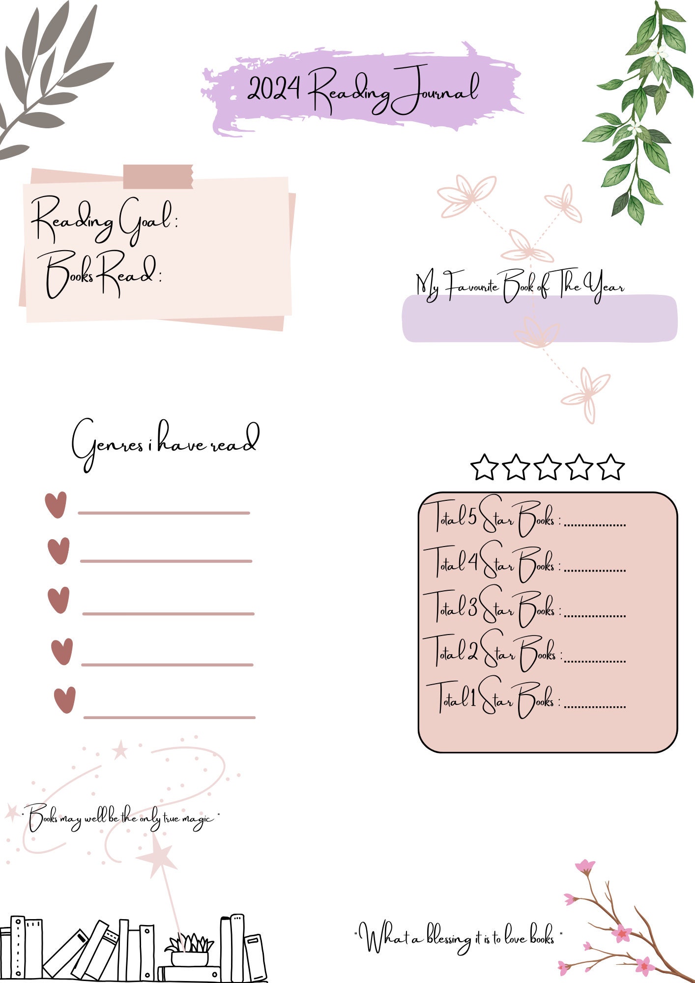 PDF 2024 Reading Journal, Book Tracker, Reading Tracker, PDF Digital ...