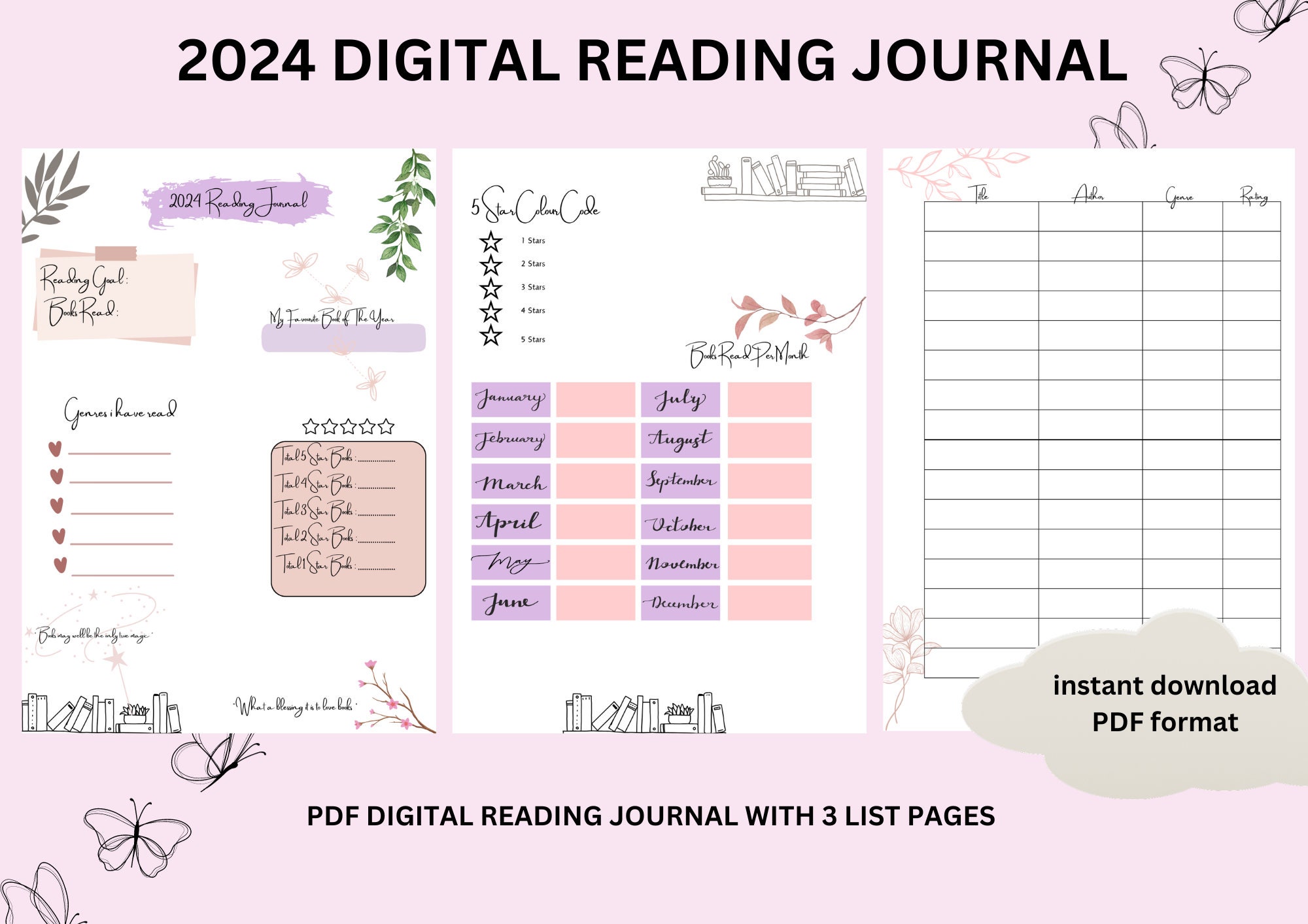 PDF 2024 Reading Journal, Book Tracker, Reading Tracker, PDF Digital ...