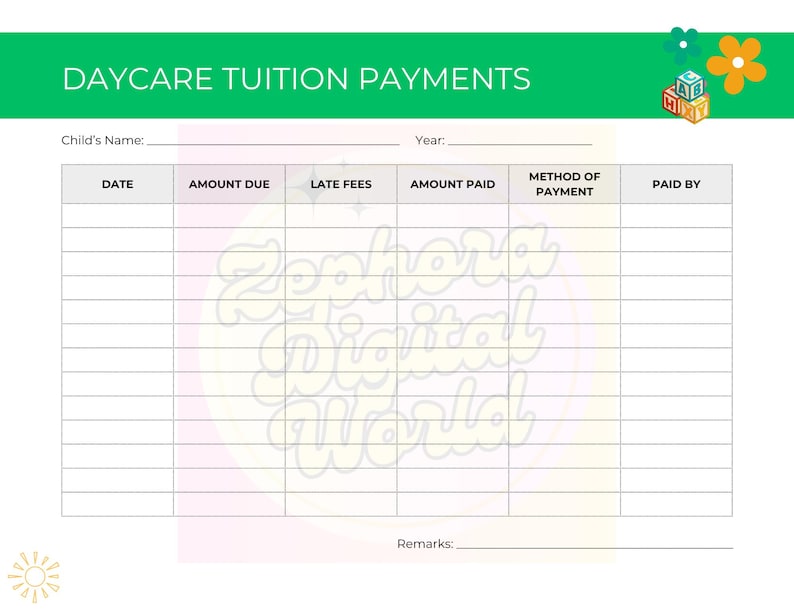Printable Daycare Tuition Schedule Payment Records | Daycare Kinder ...
