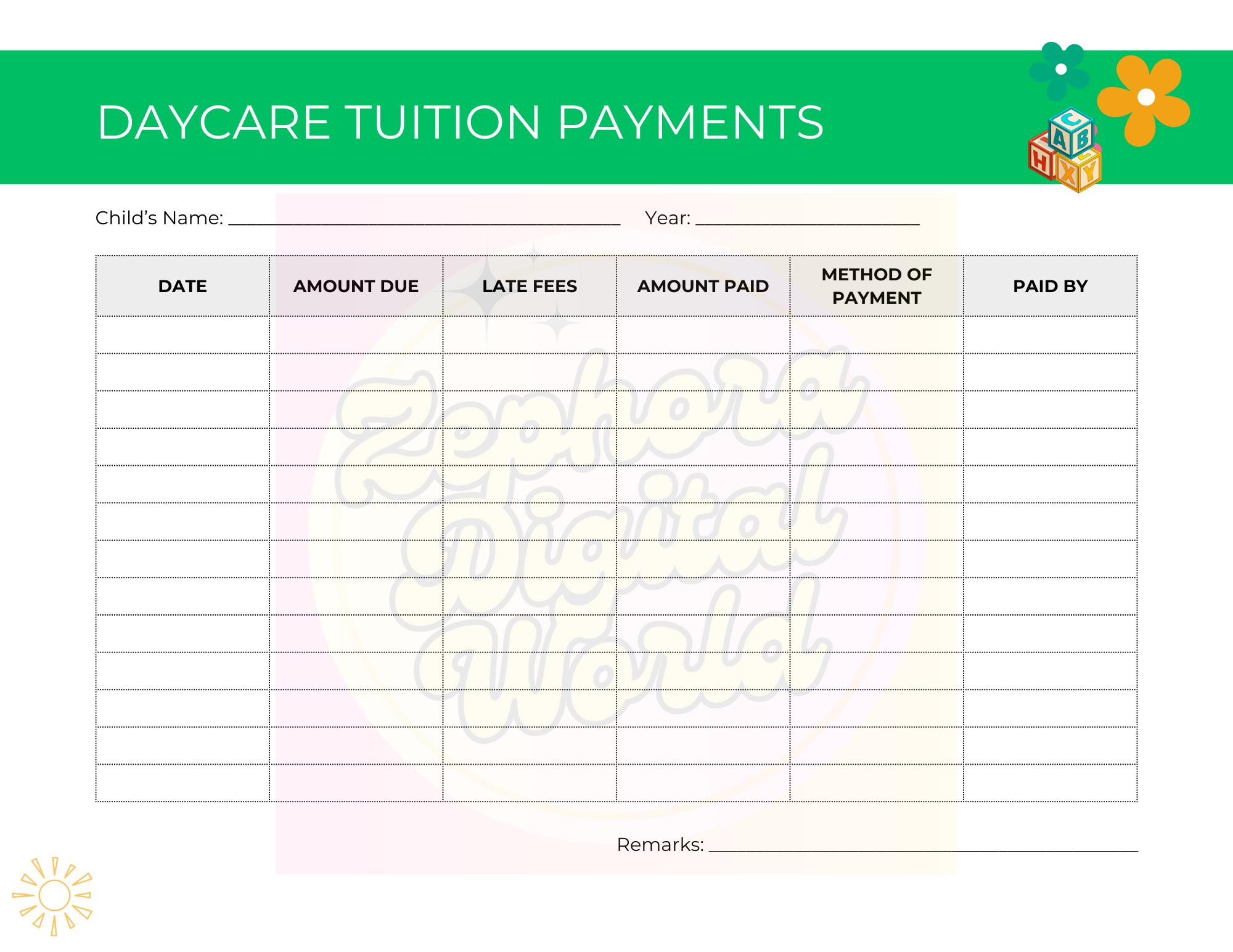 Printable Daycare Tuition Schedule Payment Records | Daycare Kinder ...