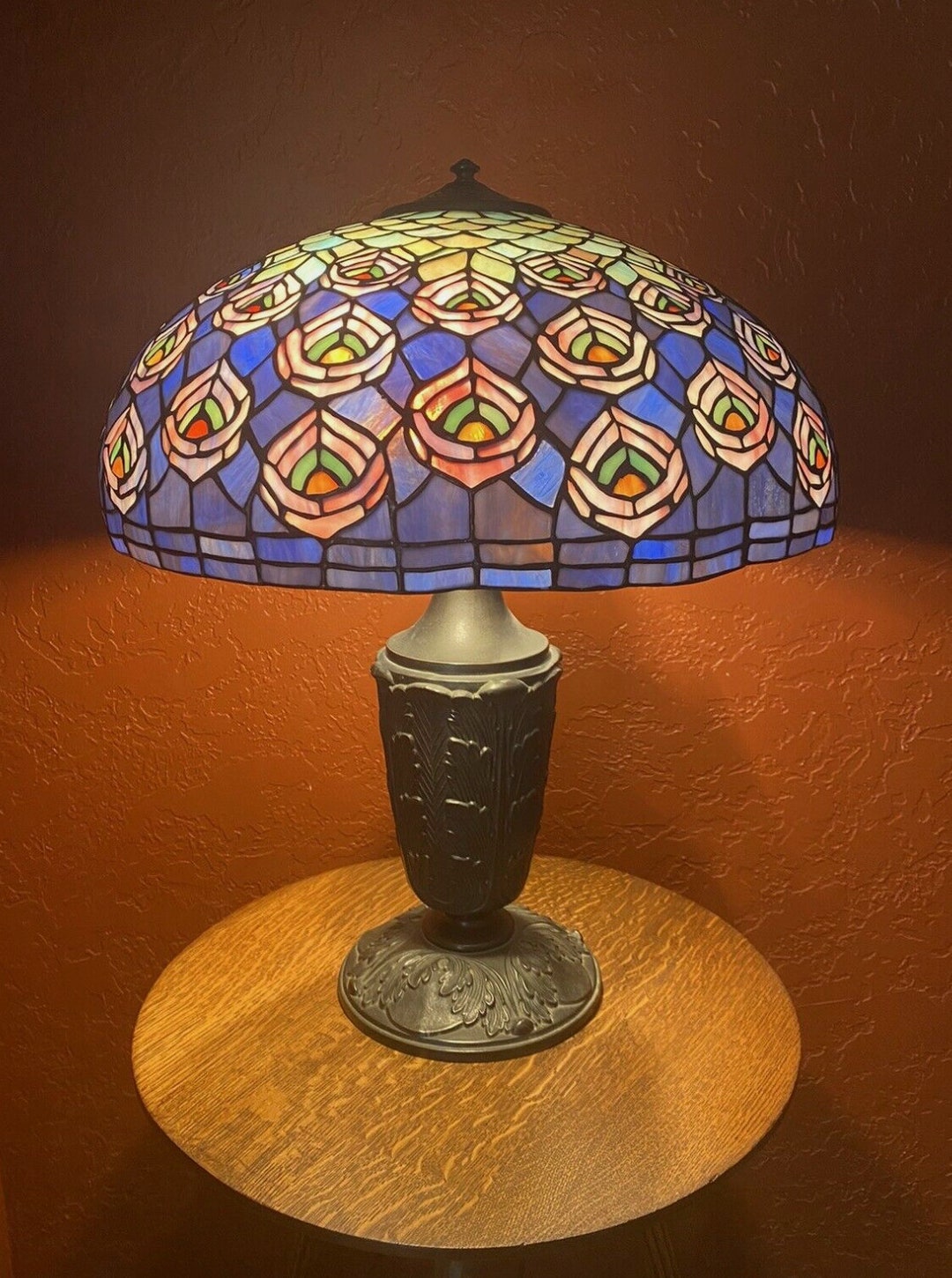 Antique Classique Solid Bronze Lamp Leaded Stained Glass Peacock Shade ...