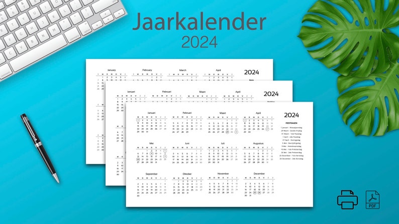 Printable Year Month Calendar 2024 With Holidays on One Page, Wall ...