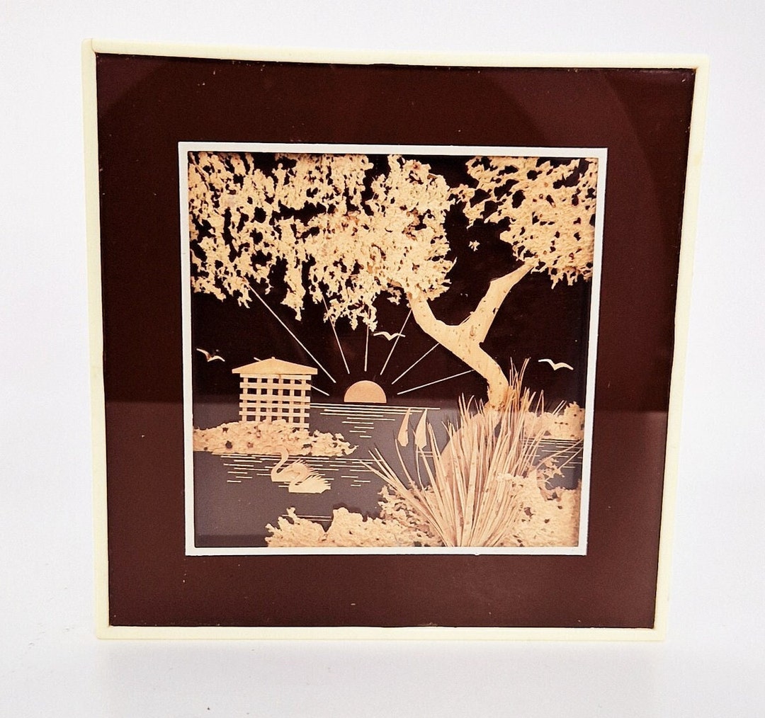 Vintage 3D Oriental Cork Artwork in Celluloid Frame. Retro. Landscape ...
