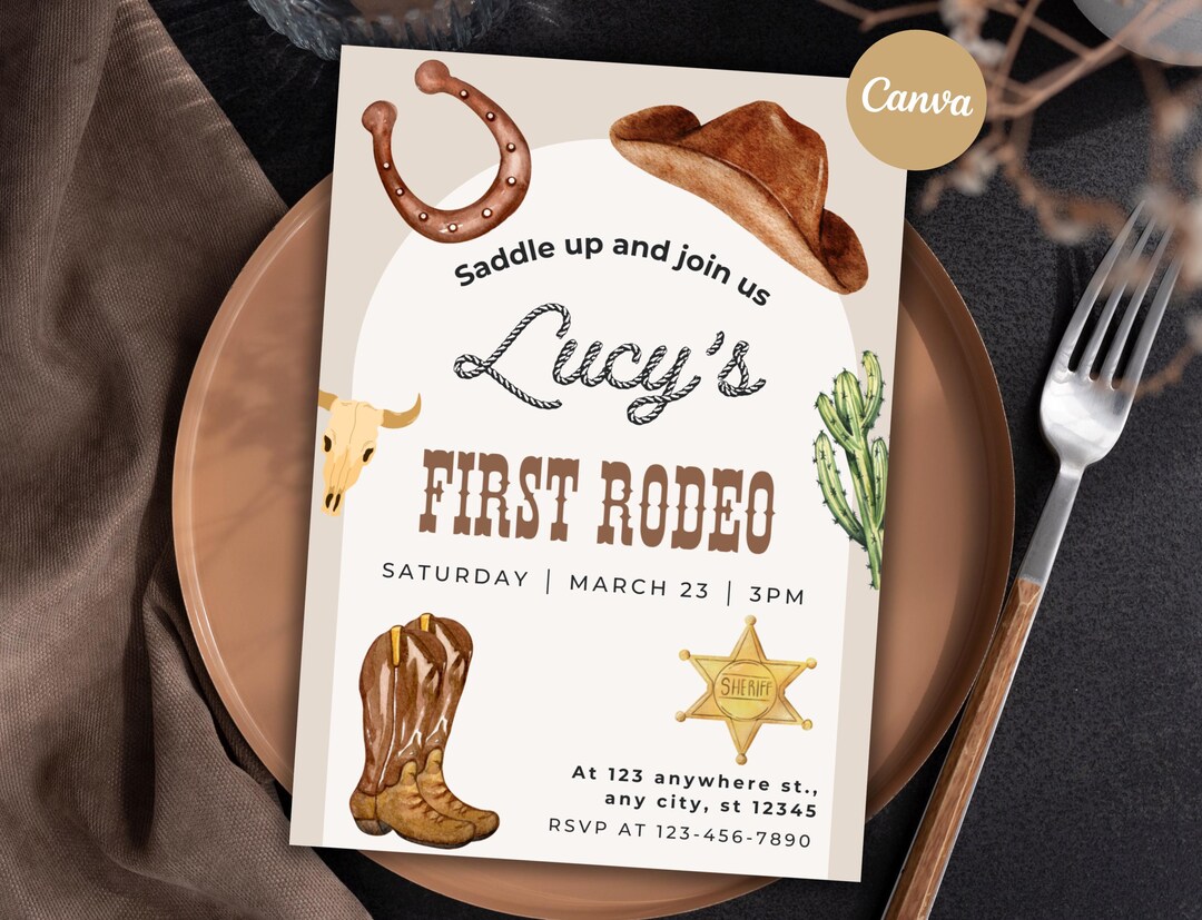 Editable First Rodeo Birthday Invitation Template Cowgirl Cowboy First ...