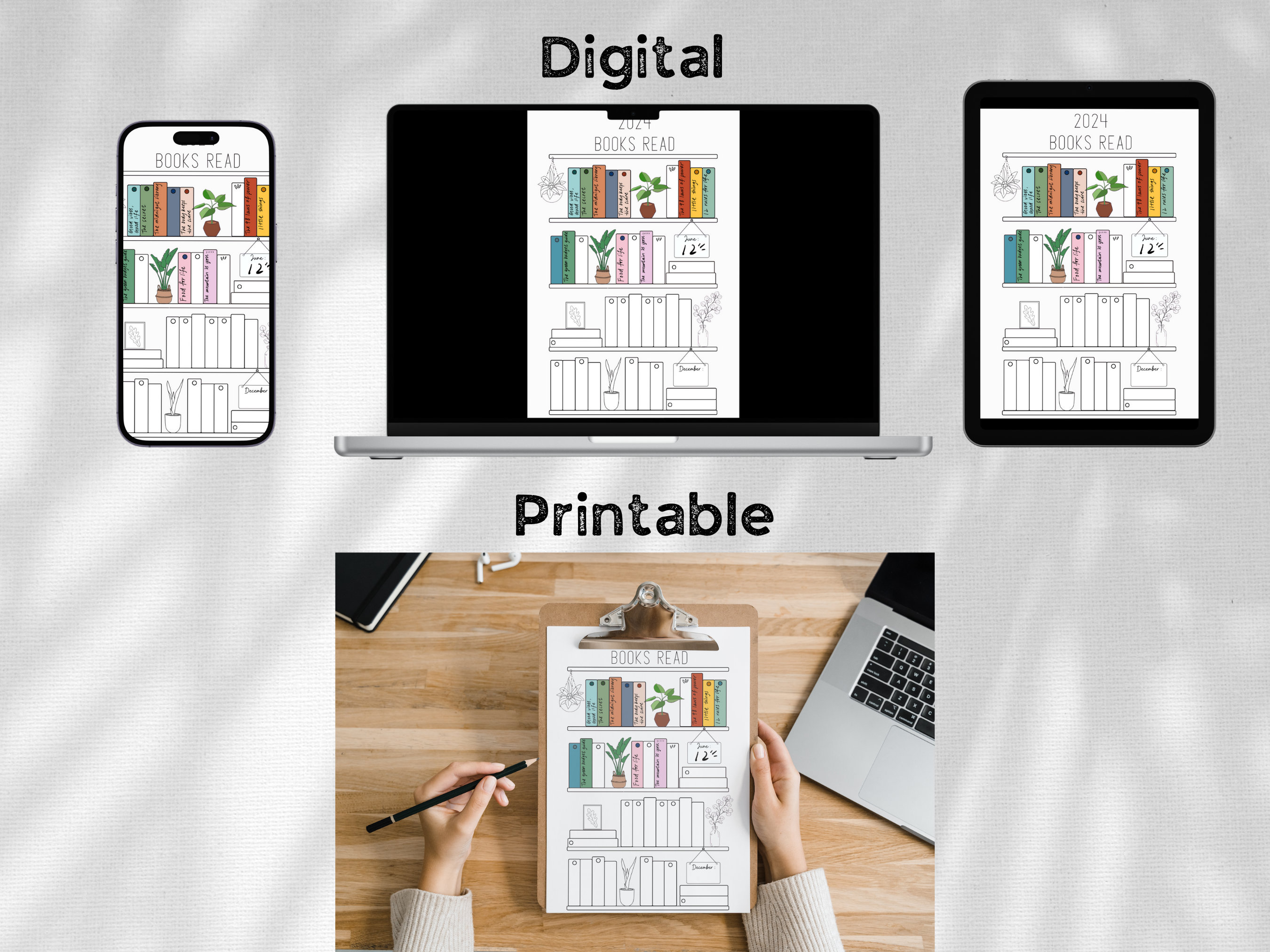 2024 Books Read Digital Printable, Reading Book Log Tracker, Bookshelf ...