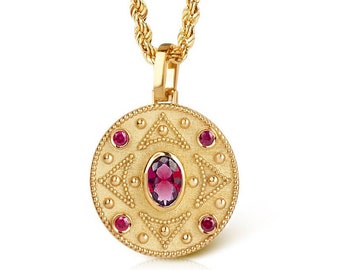 14K Solid Gold Ruby Necklace, Byzantine Pendant, Medieval Jewelry ...