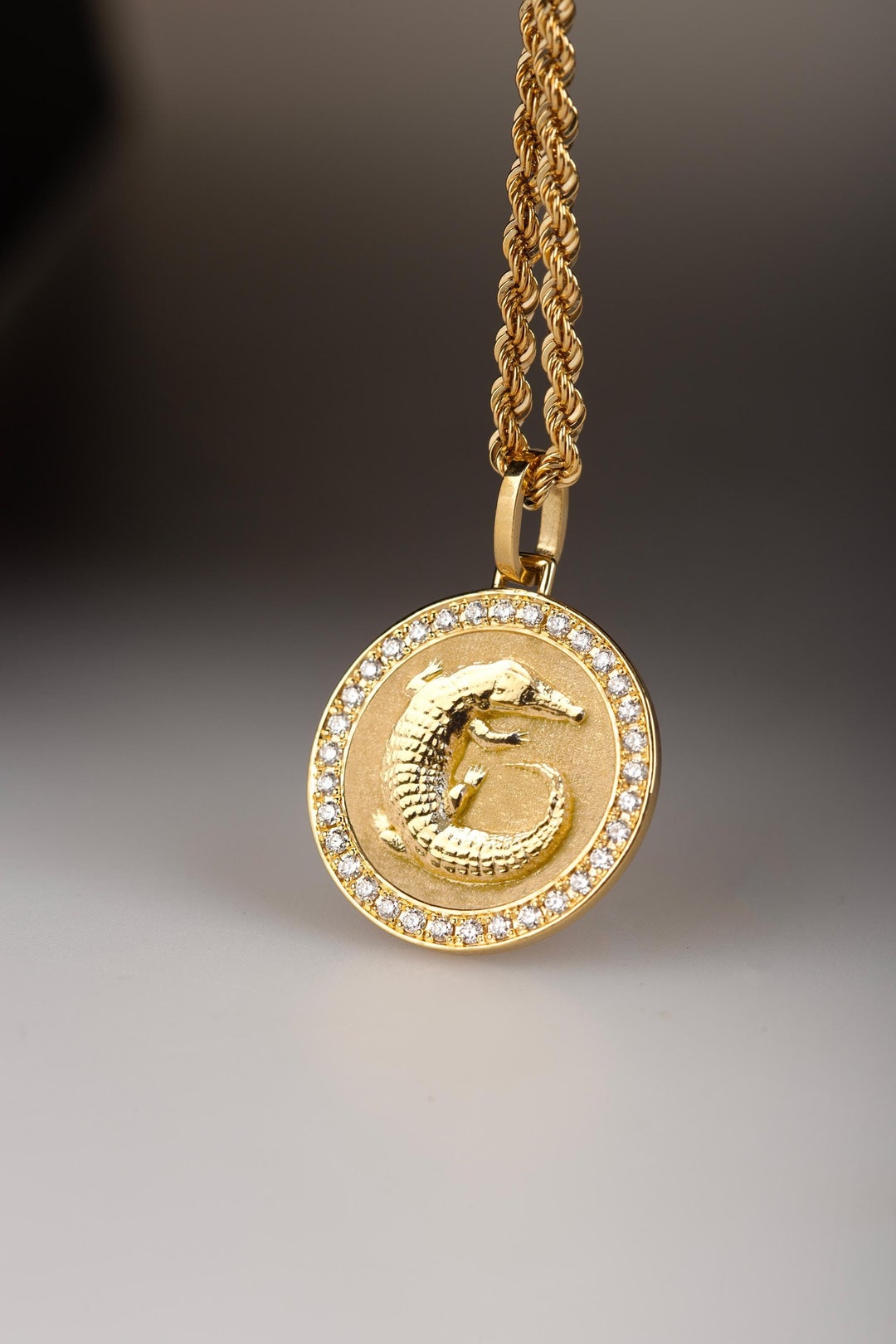 14K Gold Alligator Necklace, Personalized Gator Pendant, Diamond ...