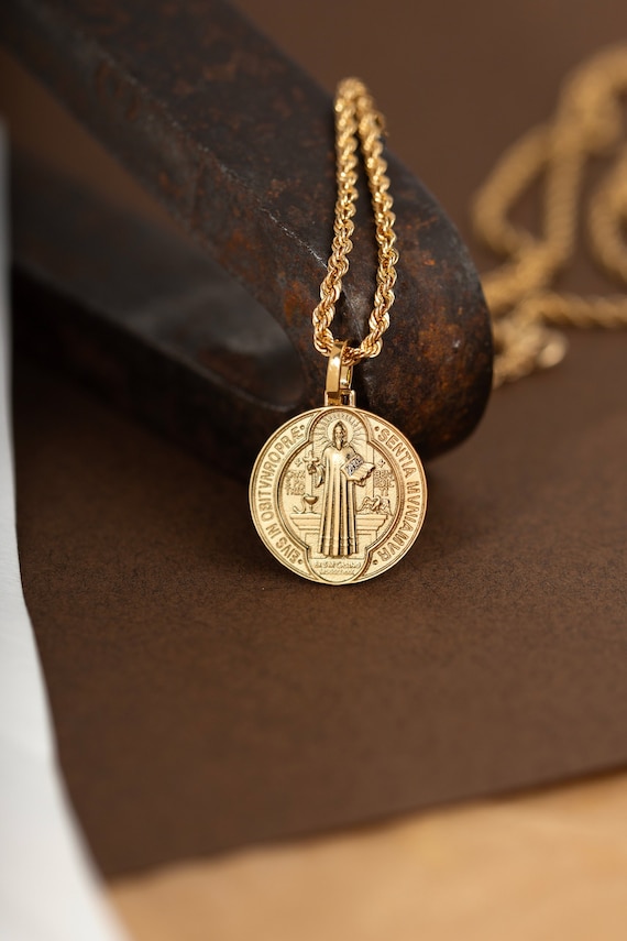 14K Gold St. Benedict Medallion Necklace Protection Necklace Personalized Gold Disc Pendant Saint Benedict Jewelry Catholic Jewelry Gift Etsy