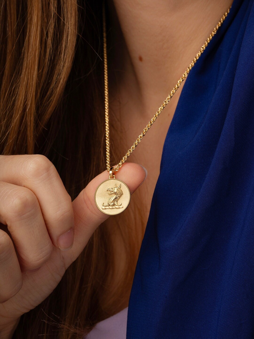 14K Solid Gold Condor Bird Necklace, Vulture Bird Pendant, Rope Chain ...